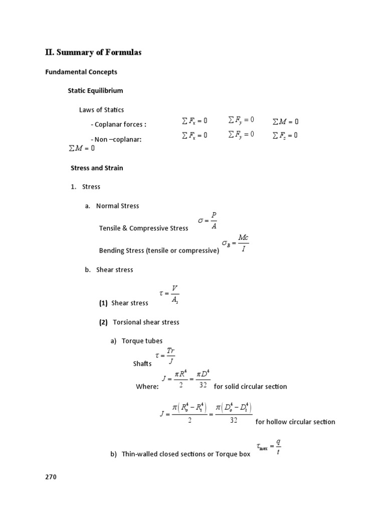 II. Summary of Formulas: Fundamental Concepts Static Equilibrium | PDF ...