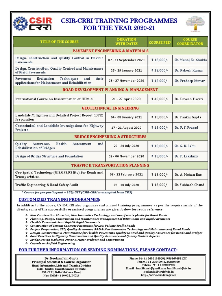 CSIR-CRRI TRAINING Calendar 2020-21 | PDF | Road | Road Surface