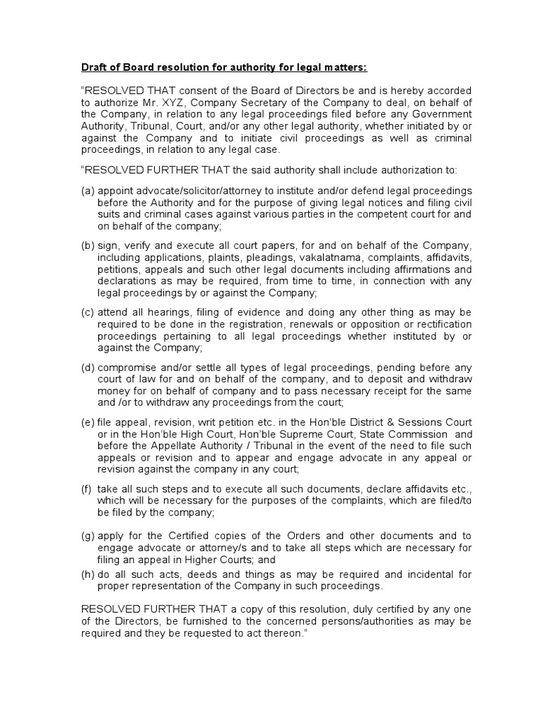 9367 1178283 Draft of Board Resolution For Authority For Legal Matters ...