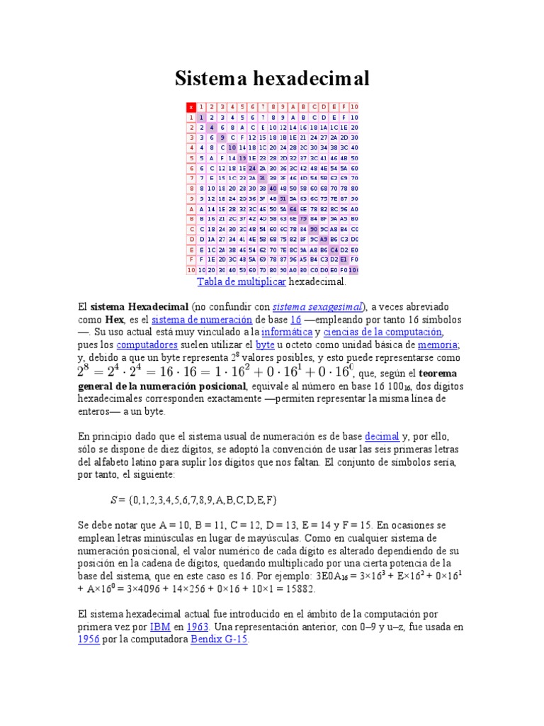 Sistema Hexadecimal | PDF | Sustracción | Codificaciones