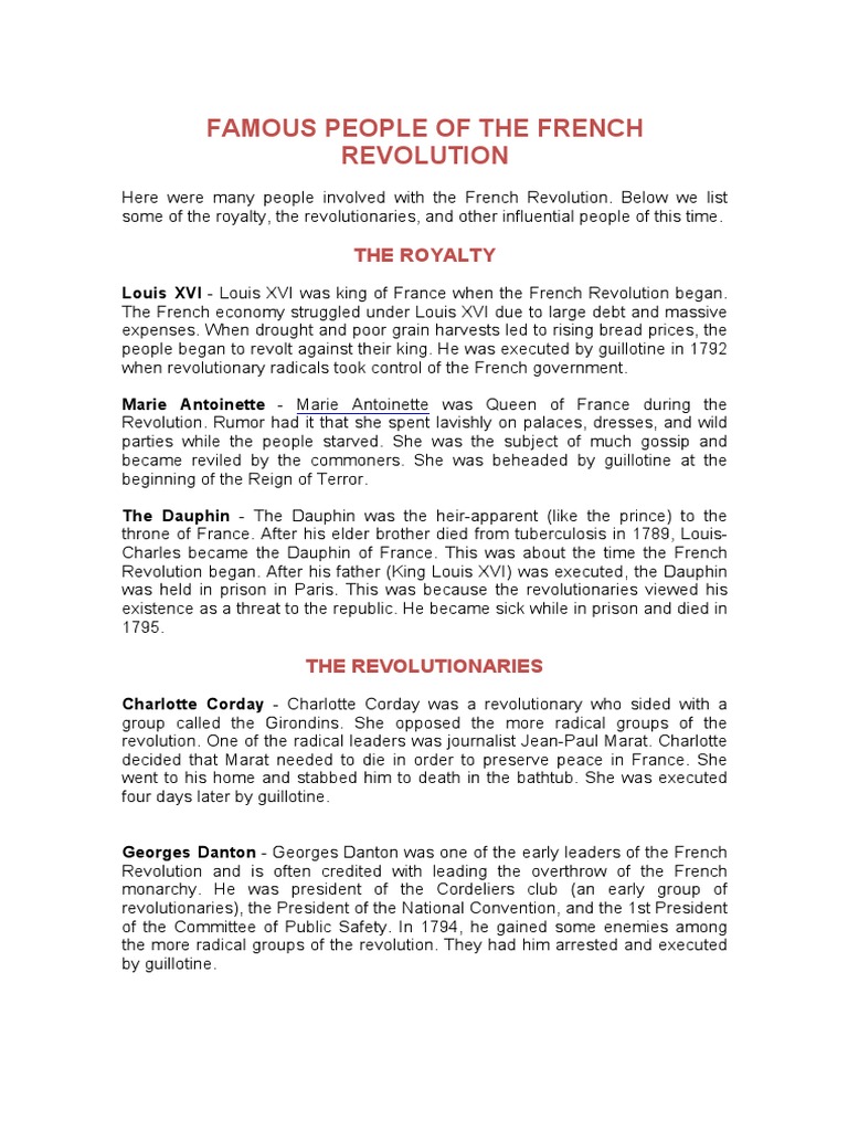 Famous People of The French Revolution. Reading Comp | PDF | French ...