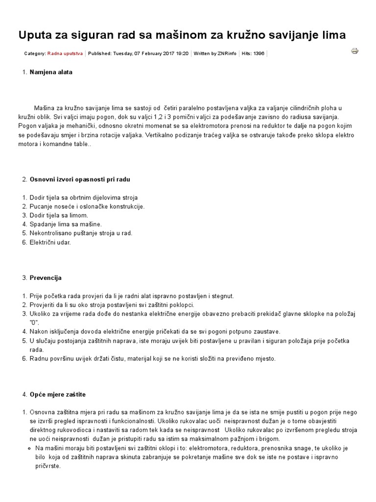 Uputa Za Siguran Rad Sa Mašinom Za Kružno Savijanje Lima | PDF