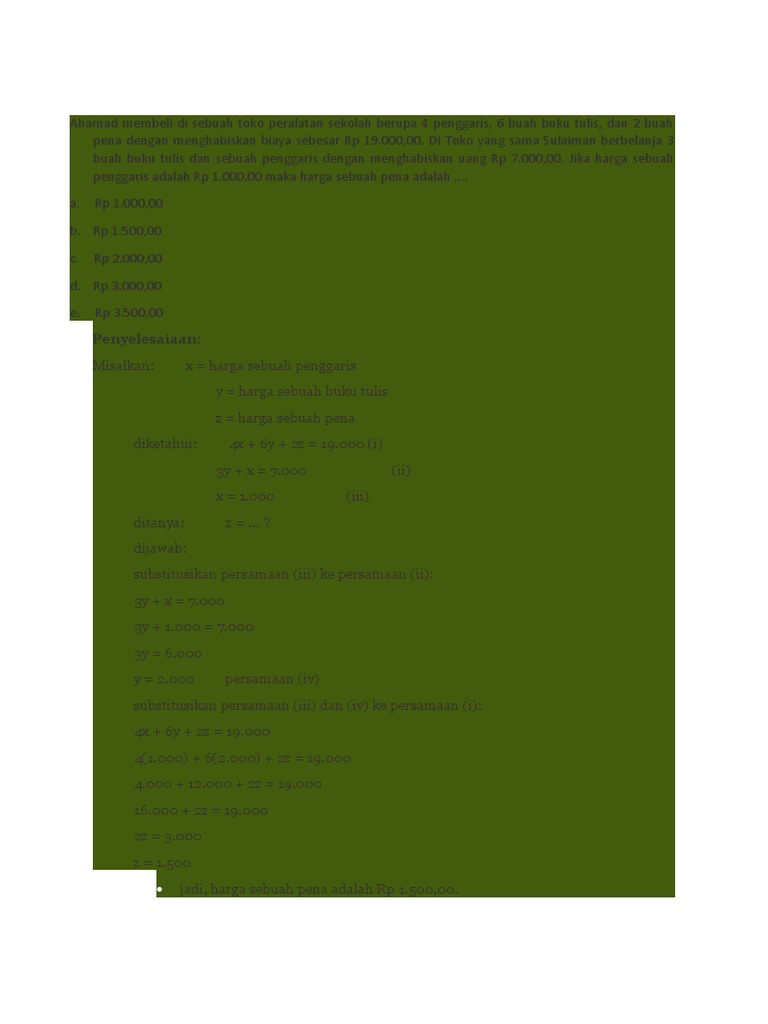 SOAL CERITA Mengenai SPLTV (Sistem Persamaan Linear Tiga Variabel) | PDF