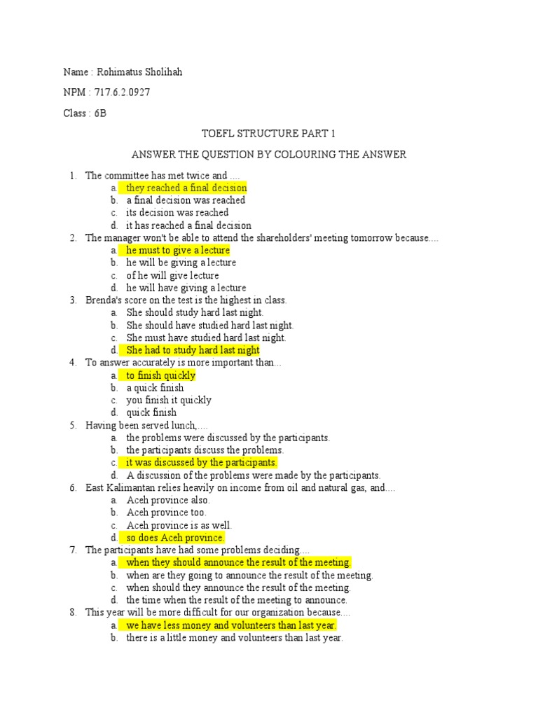 TOEFL Structure Practice Questions | PDF