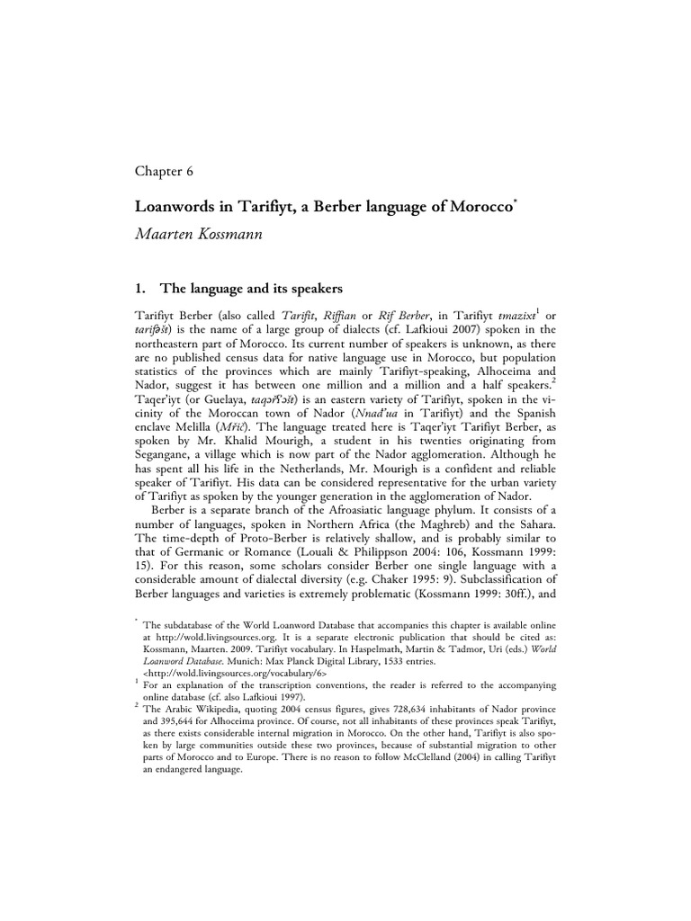 Loanwords in Tarifiyt A Berber Language of Morocco - Maarten G ...