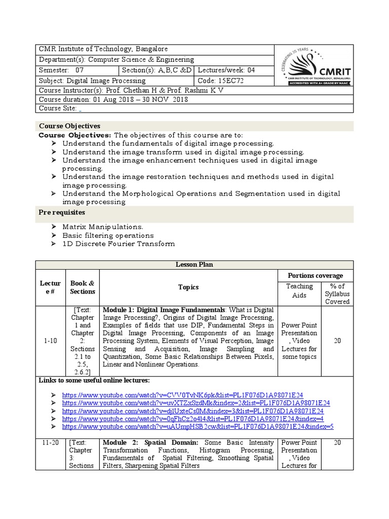 Digital Image Processing Course Outline | PDF | Engineering | Discrete ...