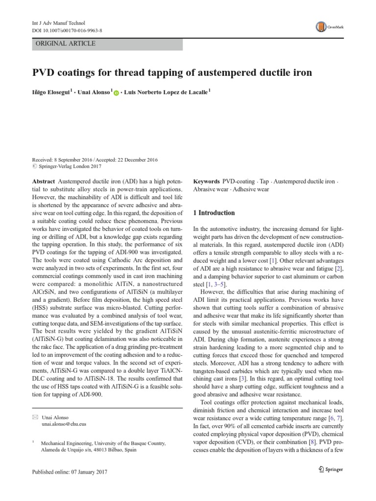 PVD Coatings For Thread Tapping of Austempered Ductile Iron PDF | PDF ...