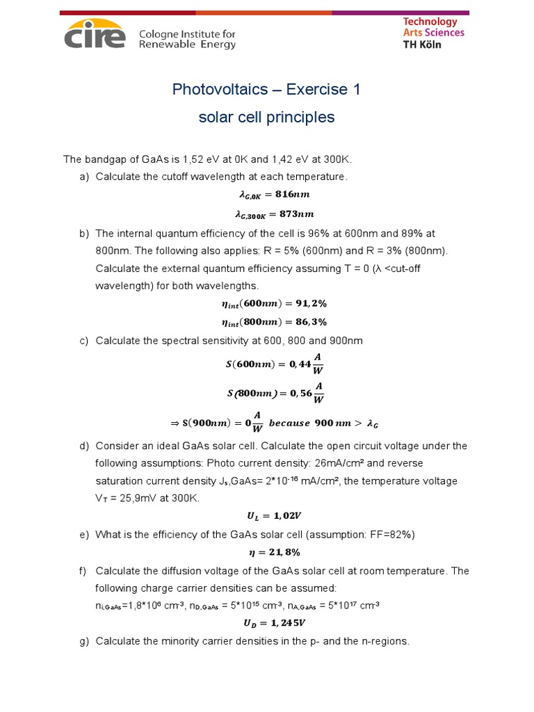 PV Exercise Solutions PDF | Download Free PDF | Solar Cell | Photovoltaics