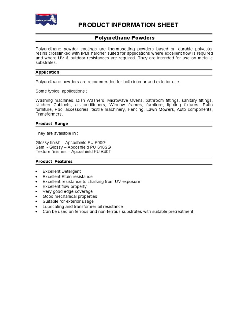 Product Information Sheet: Polyurethane Powders | PDF | Materials ...