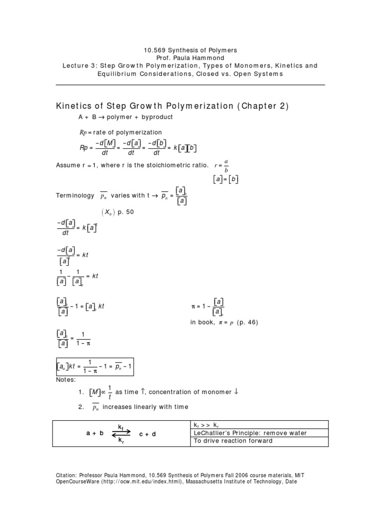 Kinetics of Step Growth Polymerization (Chapter 2) | PDF ...