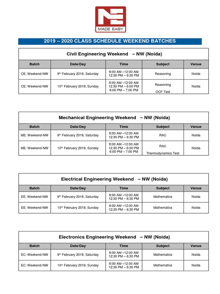 2019 - 2020 Class Schedule Weekend Batches: Civil Engineering Weekend ...