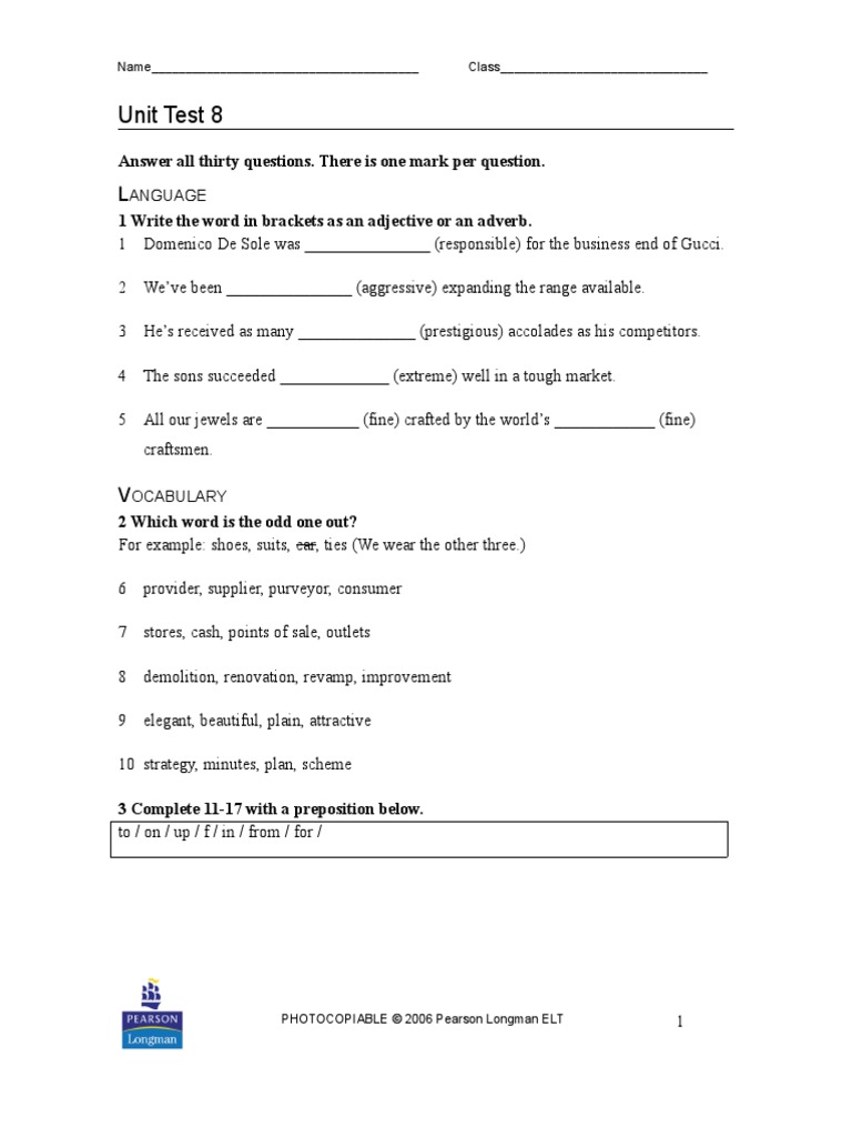 Unit Test 8: Answer All Thirty Questions. There Is One Mark Per ...