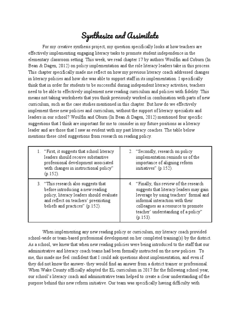 Creative Synthesis Reflection For Weebly Site | PDF | Literacy | Curriculum