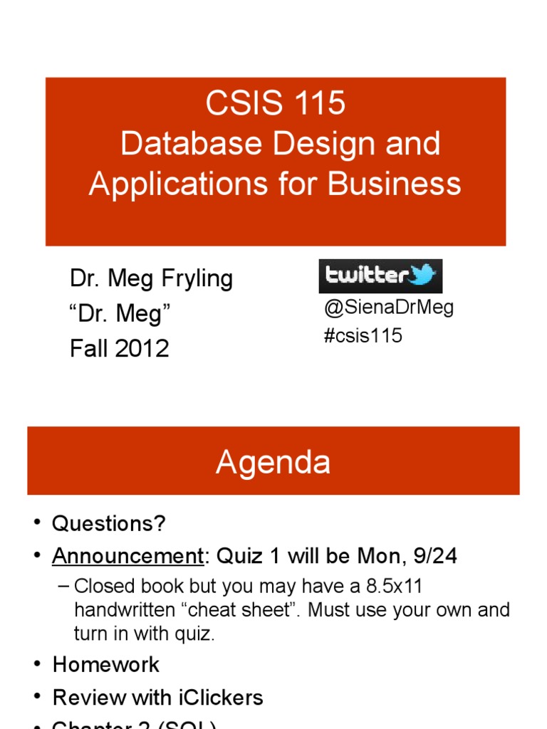 Csis 115 Database Design And Applications For Business Dr Meg Fryling Dr Meg Fall 2012