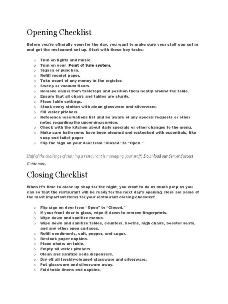 Opening Checklist: Point of Sale System | PDF | Menu | Restaurants