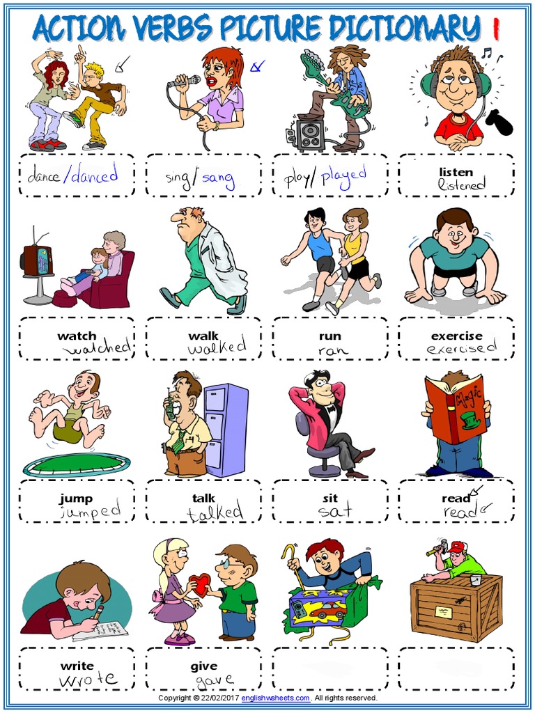 Action Verbs Vocabulary Esl Picture Dictionary Worksheets For Kids | PDF