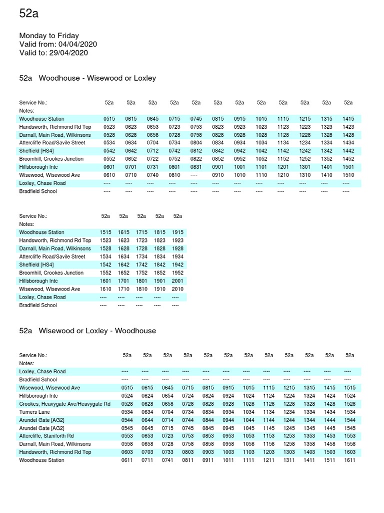 First - South Yorkshire - Route - 52a - Monday To Friday - 04 04 20 ...