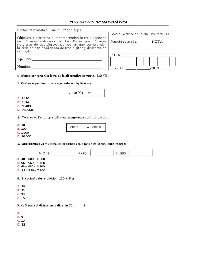 Prueba Multiplicación y División 5to Basico | PDF | Aritmética | Teoría ...