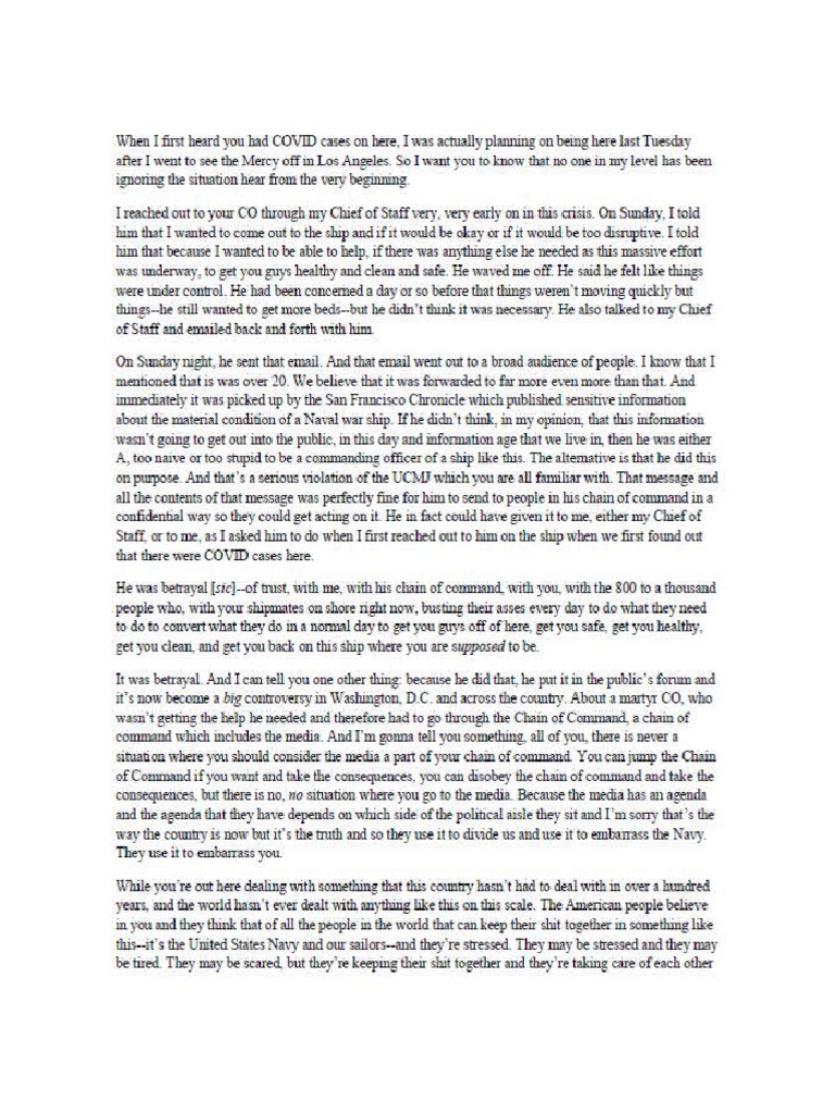 Acting Navy Secretary Thomas Modly Comments To USS Theodore Roosevelt ...