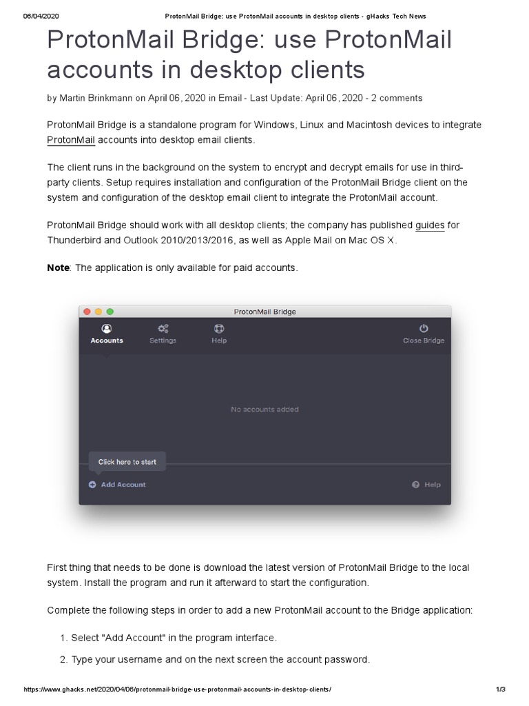 ProtonMail Bridge - Use ProtonMail Accounts in Desktop Clients - Ghacks ...