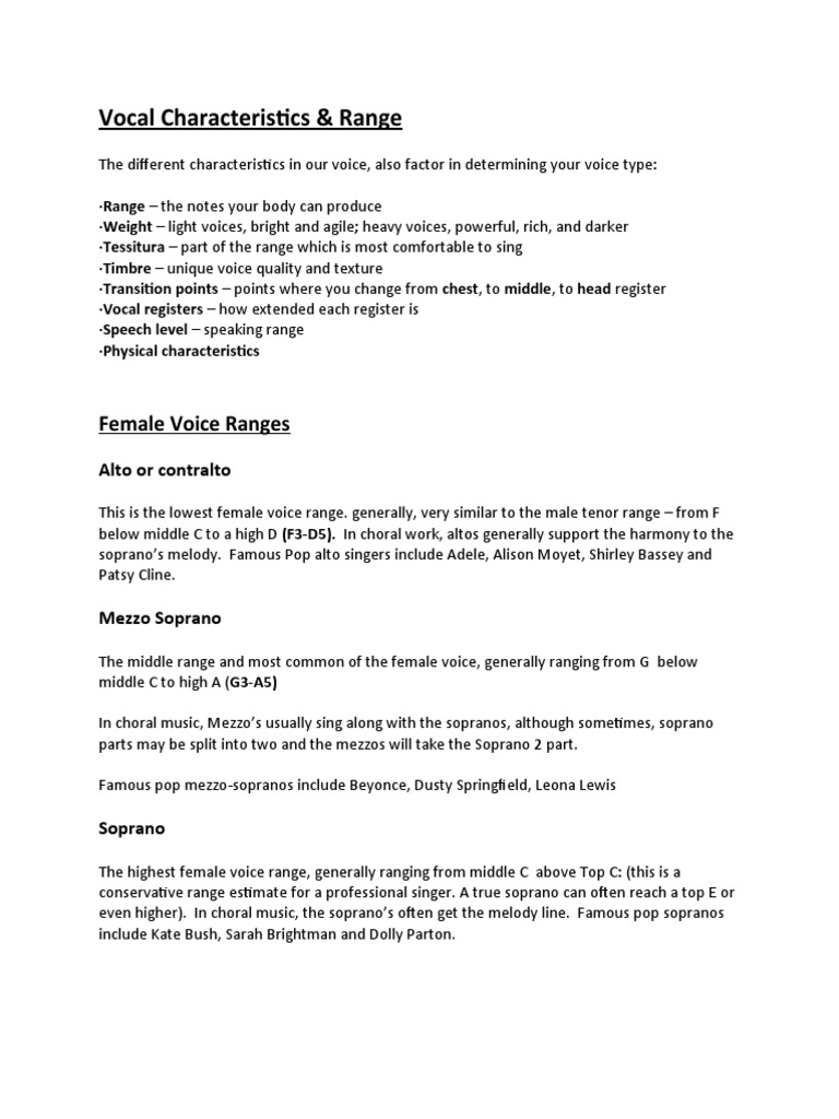 Vocal Characteristics & Range | PDF | Otorhinolaryngology | Singing