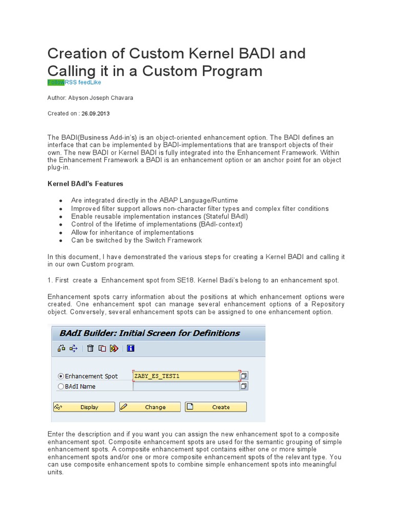 Creation of Custom Kernel BADI and Calling It in A Custom Program | PDF ...