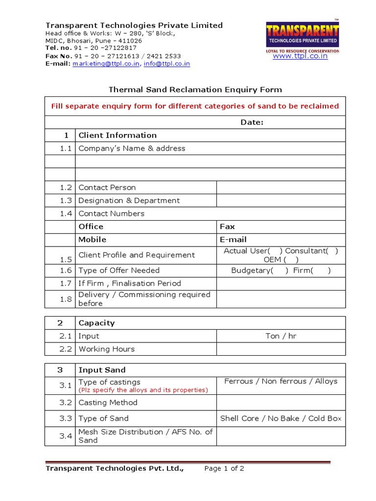 Thermal Sand Reclamation Enquiry Form | PDF | Chemistry | Materials