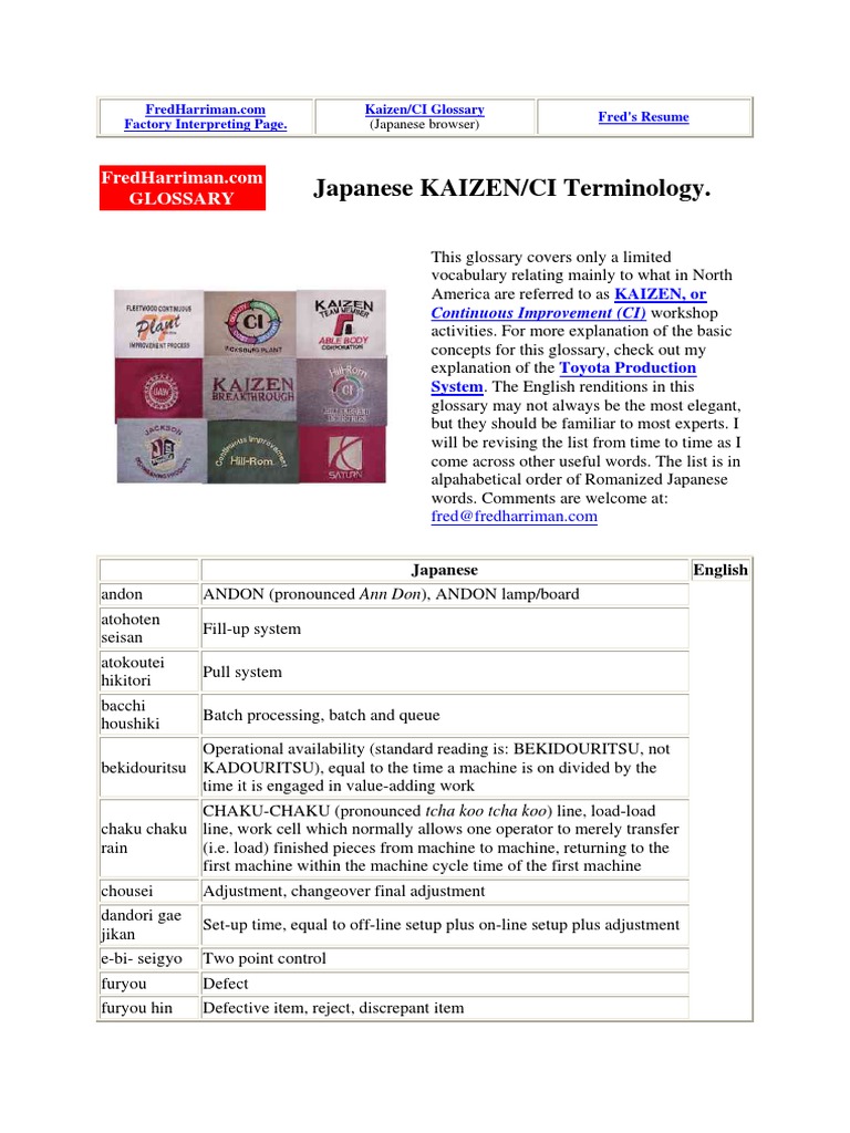 Japanese Kaizen Ci Terminology Glossary Pdf Production And