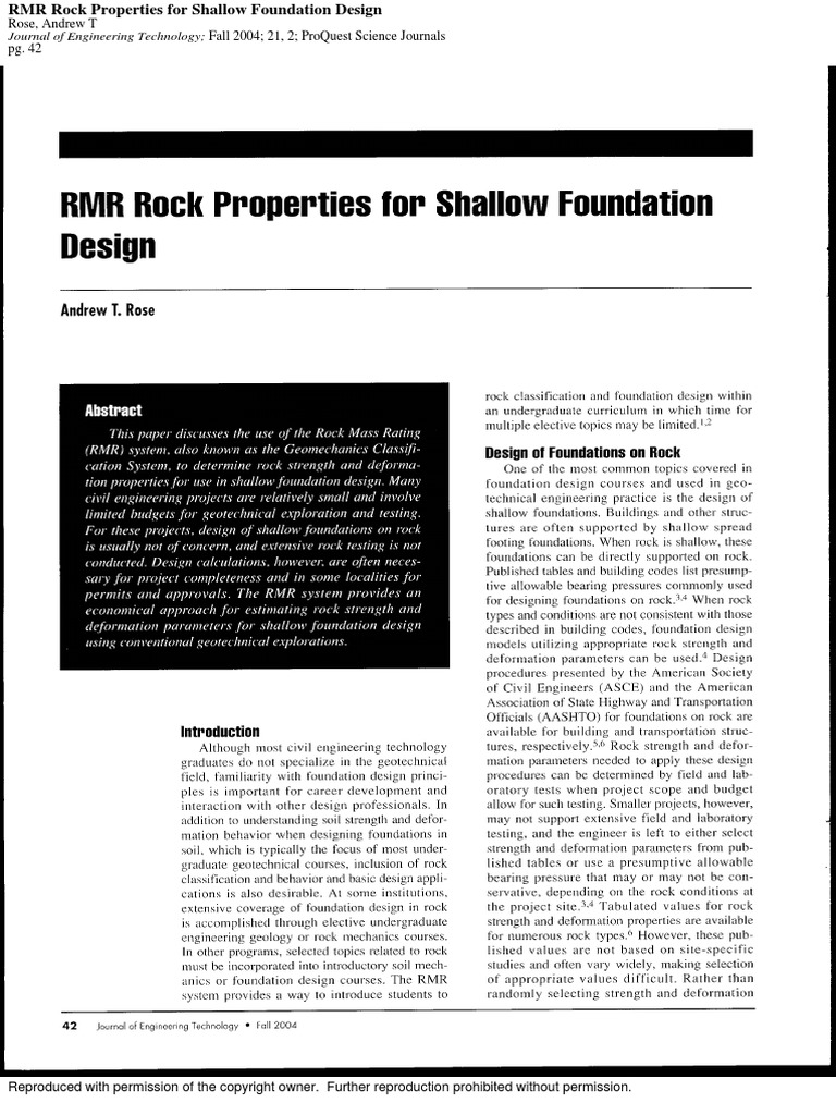 RMR Rock Properties For Shallow Foundation Design PDF | PDF