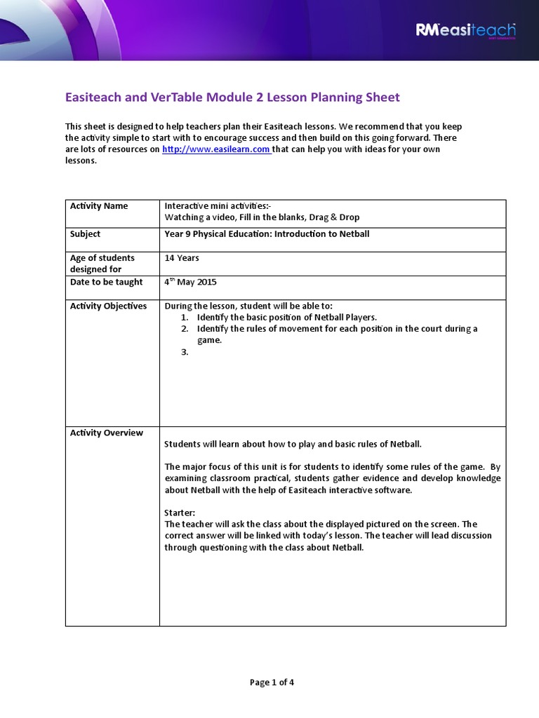 Easiteach and Vertable Module 2 Lesson Planning Sheet | PDF | Teachers ...