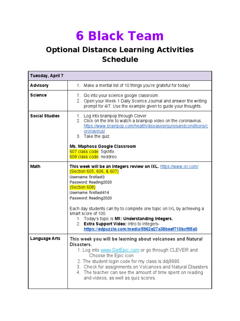 Week 1 6 Black Schedule DL | PDF | Classroom | Teachers
