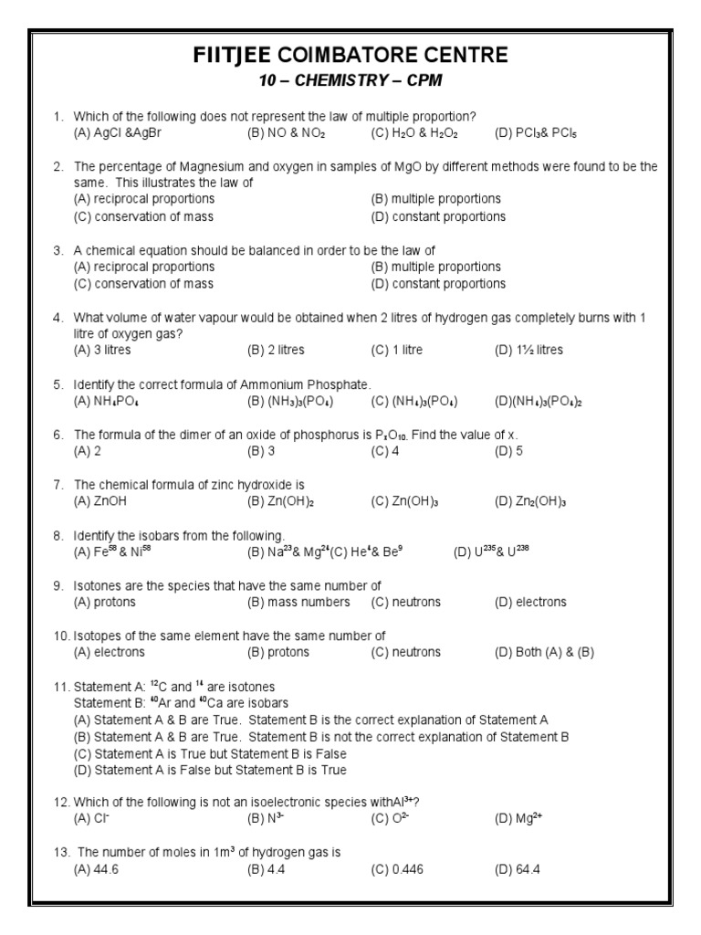 Fiitjee Coimbatore Centre: 10 - Chemistry - CPM | PDF | Mole (Unit) | Isotope