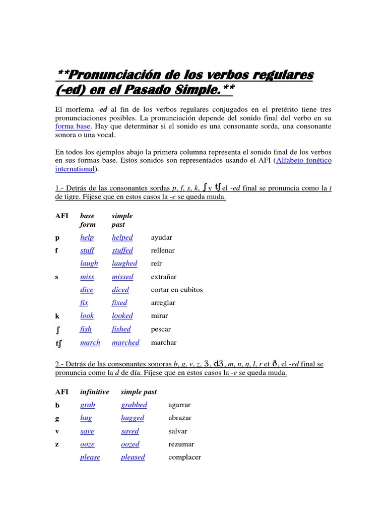 Pronunciación Verbos Regulares en Pasado Simple | PDF | Fonética ...