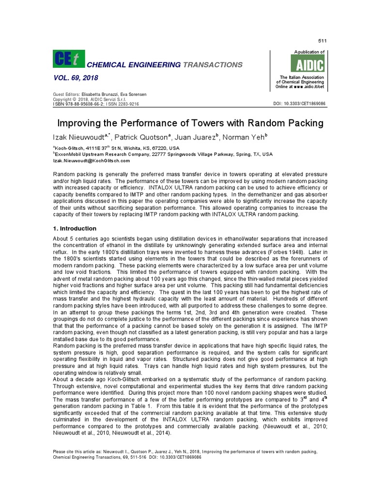 Improving The Performance of Towers With Random Packing: Chemical ...