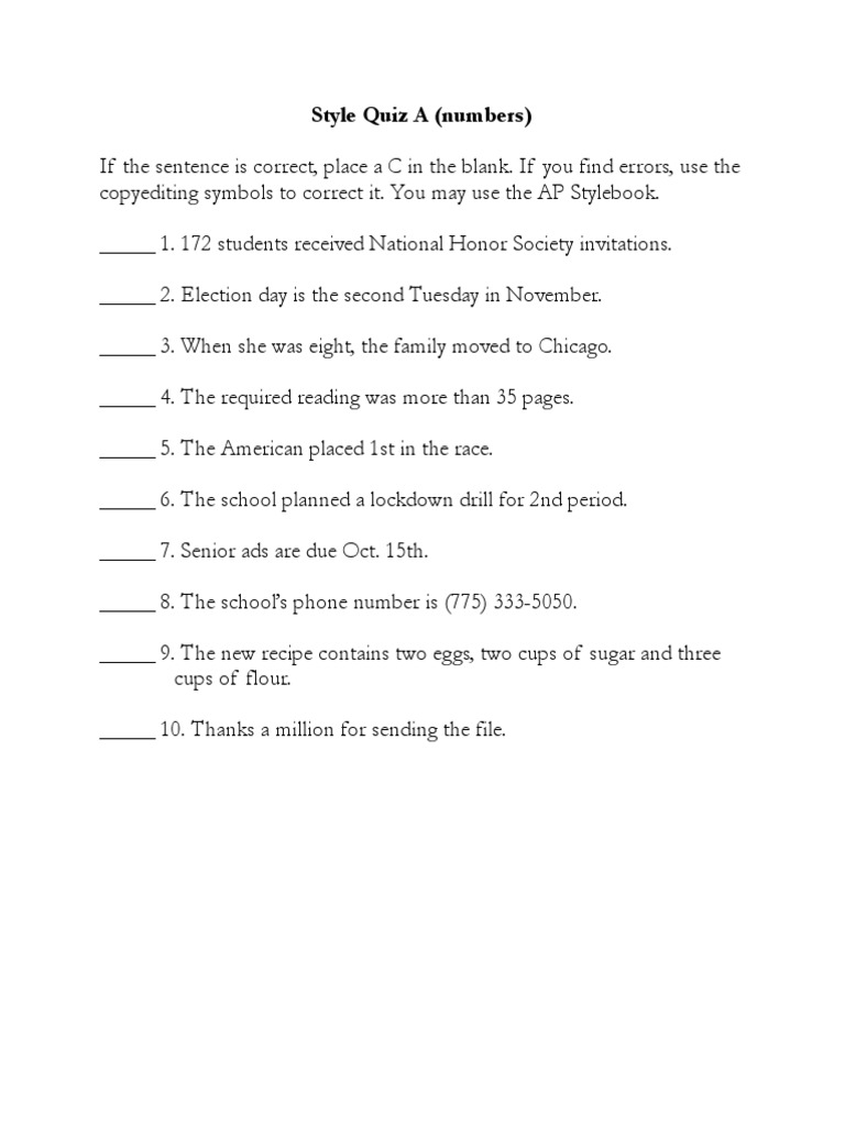 AP Style Worksheet - Numbers PDF | PDF