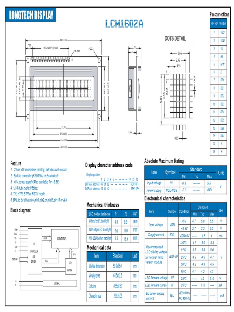LCD Module Specifications and Features | PDF | Computer Hardware ...