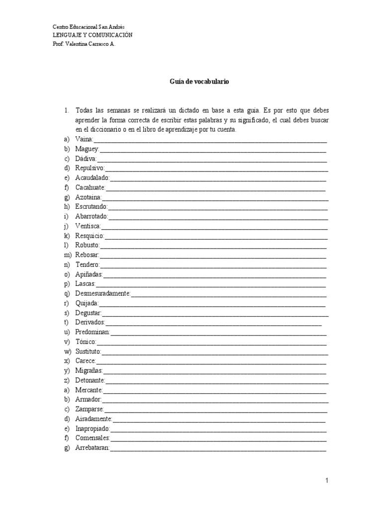 Guía de Vocabulario Quinto Grado | PDF
