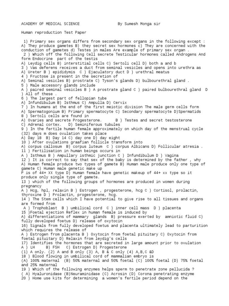 Human Reproduction Test Paper | PDF | Luteinizing Hormone | Menstrual Cycle