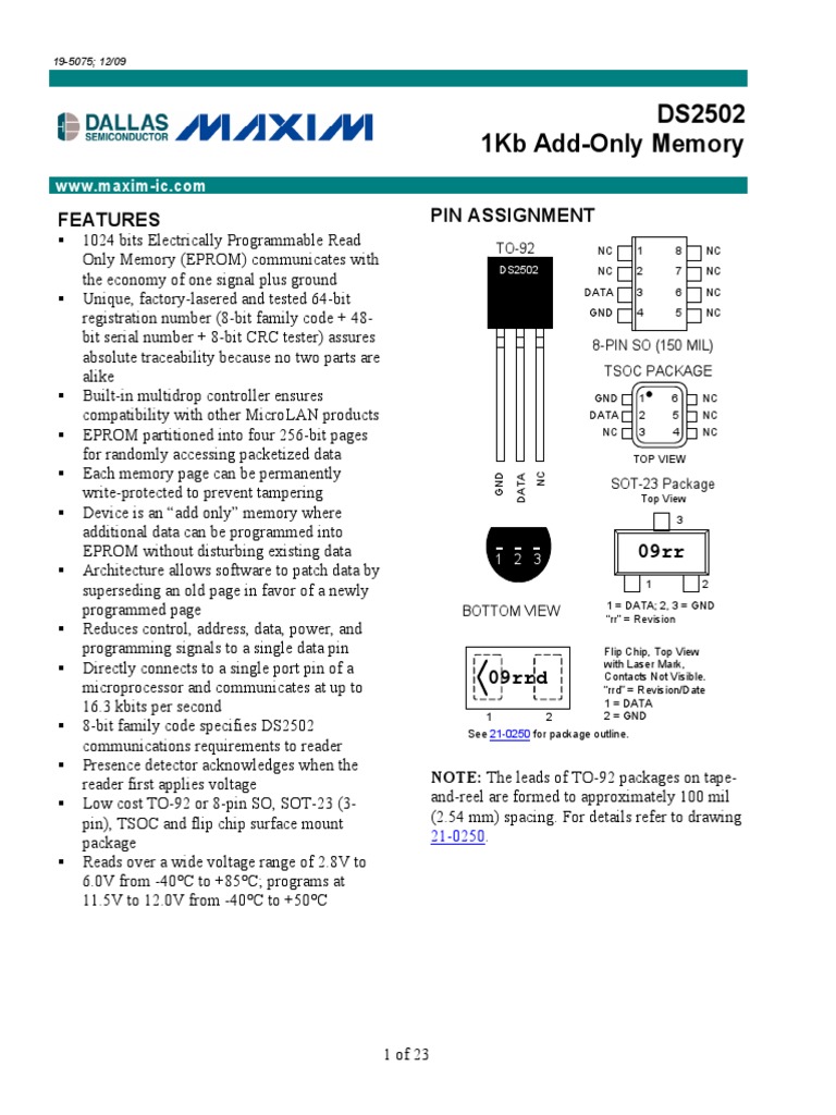 DS2502 1Kb Add-Only Memory Overview | PDF | Read Only Memory | Digital ...