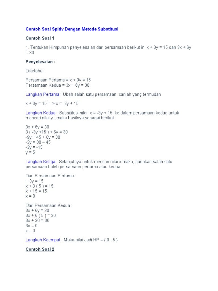 Contoh Soal SPLDV Dengan Metode Substitusi | PDF