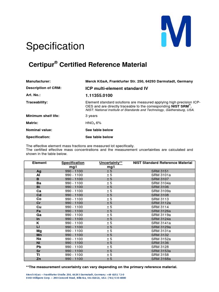 ICP - Multielement IV - Specification - 20140220 PDF | PDF | Chemistry ...