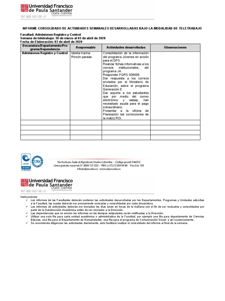 Informe Consolidado de Actividades Semanales de Teletrabajo | PDF ...