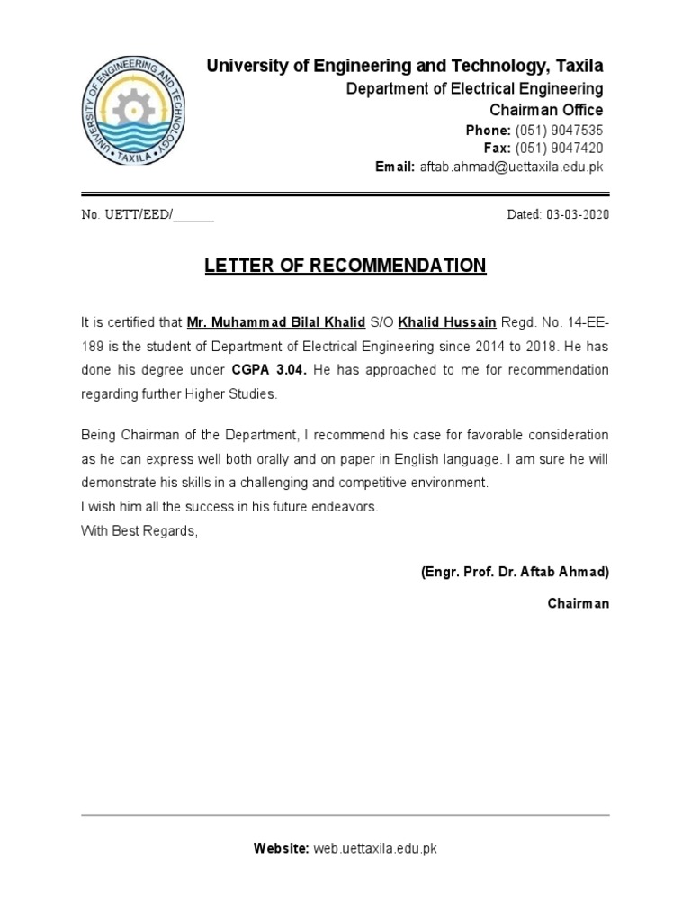 Letter of Recommendation: University of Engineering and Technology ...