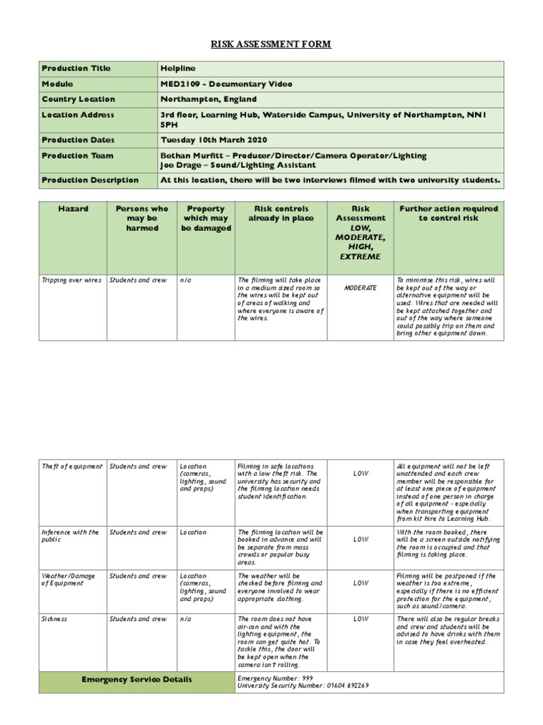 Risk Assessment Form: Low, Moderate, High, Extreme | PDF | Prevention ...