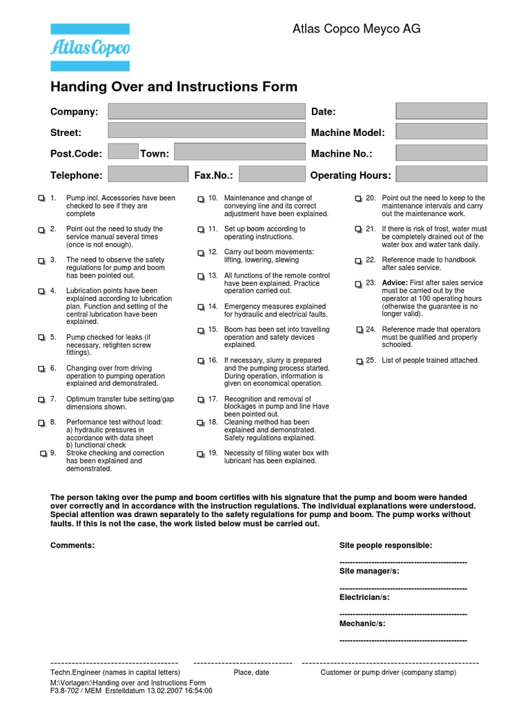 Handing Over and Instruction Form | PDF | Pump | Mechanical Engineering