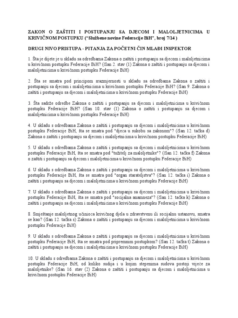 Zakon o Zaštiti I Postupanju Sa Djecom I Maloljetnicima U Krivičnom Postupku Federacije BiH | PDF