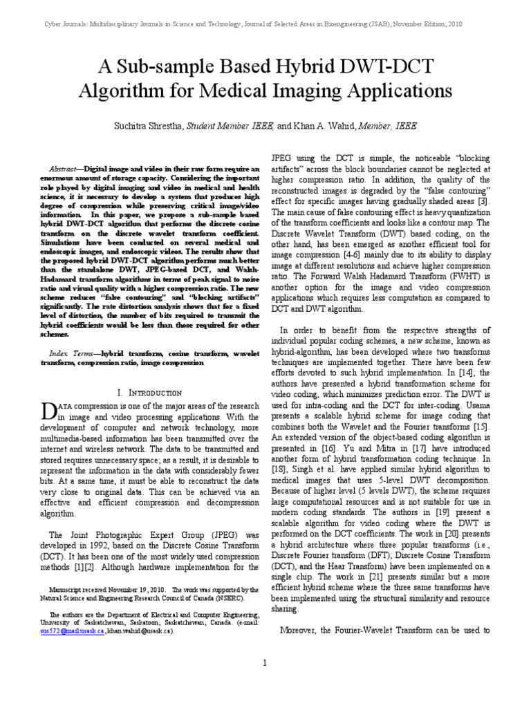 A Sub-Sample Based Hybrid DWT-DCT Algorithm For Medical Imaging Applications | PDF