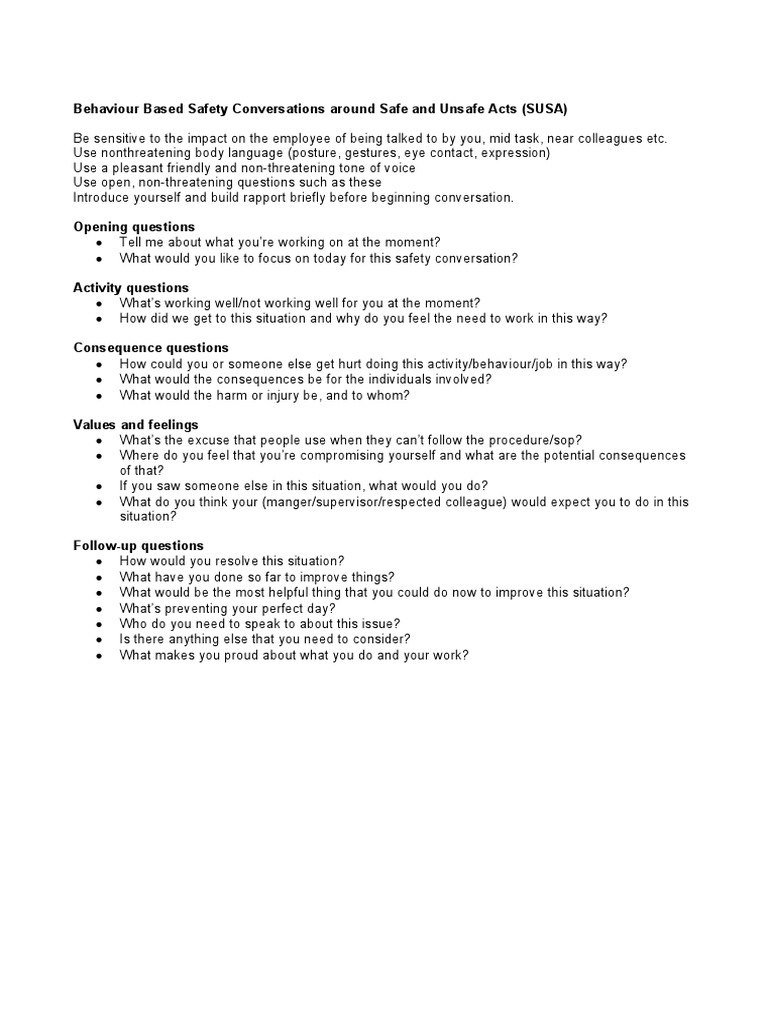 Behaviour Based Safety Conversations Around Safe and Unsafe Acts (SUSA ...