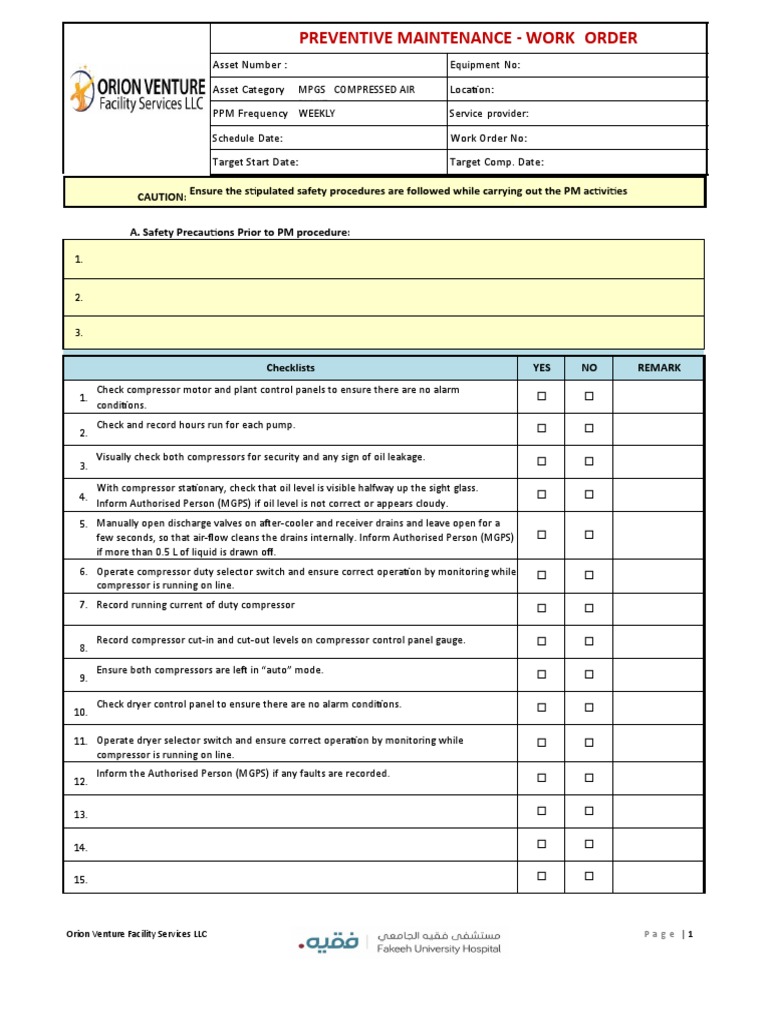 PPM Task Sheet - Weekly Compressed Air Tasks | Download Free PDF ...