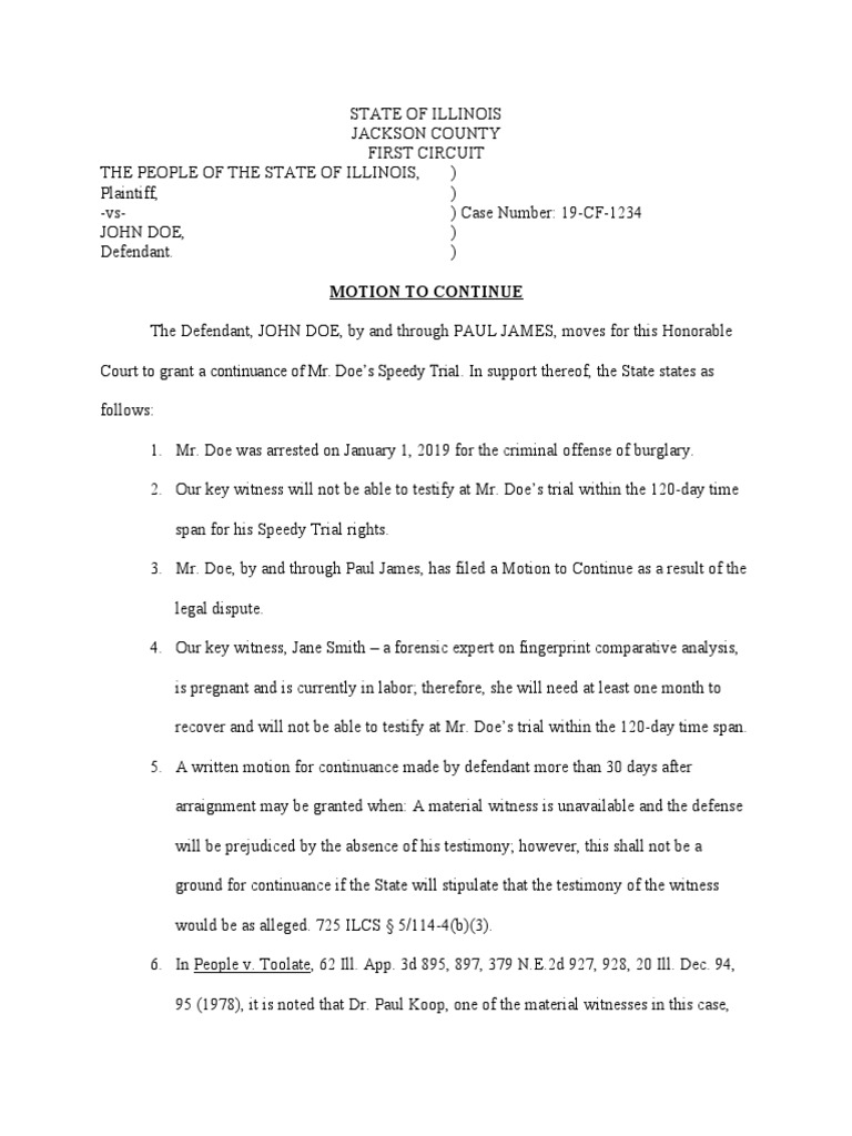 Motion To Continue | PDF | Continuance | Witness